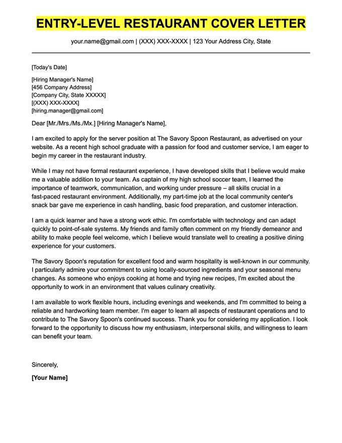 Restaurant Cover Letter - Example & Downloadable Template