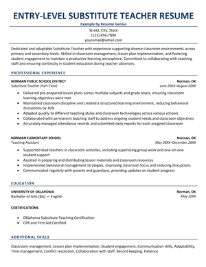 Substitute Teacher Resume Samples & Writing Guide