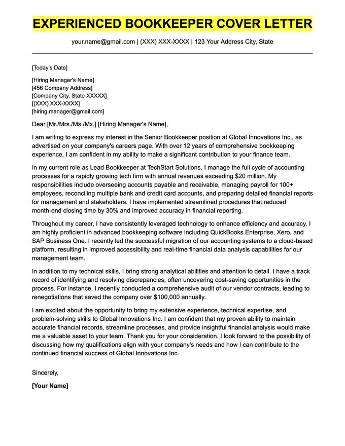 Bookkeeper Cover Letter Example & Skills