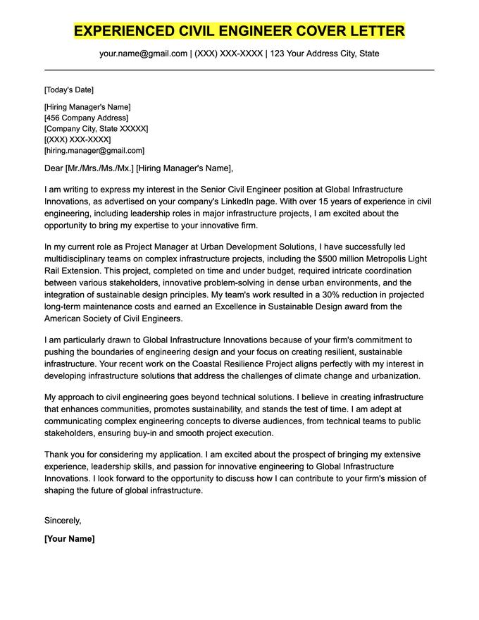 Civil Engineer Cover Letter Example & Writing Tips