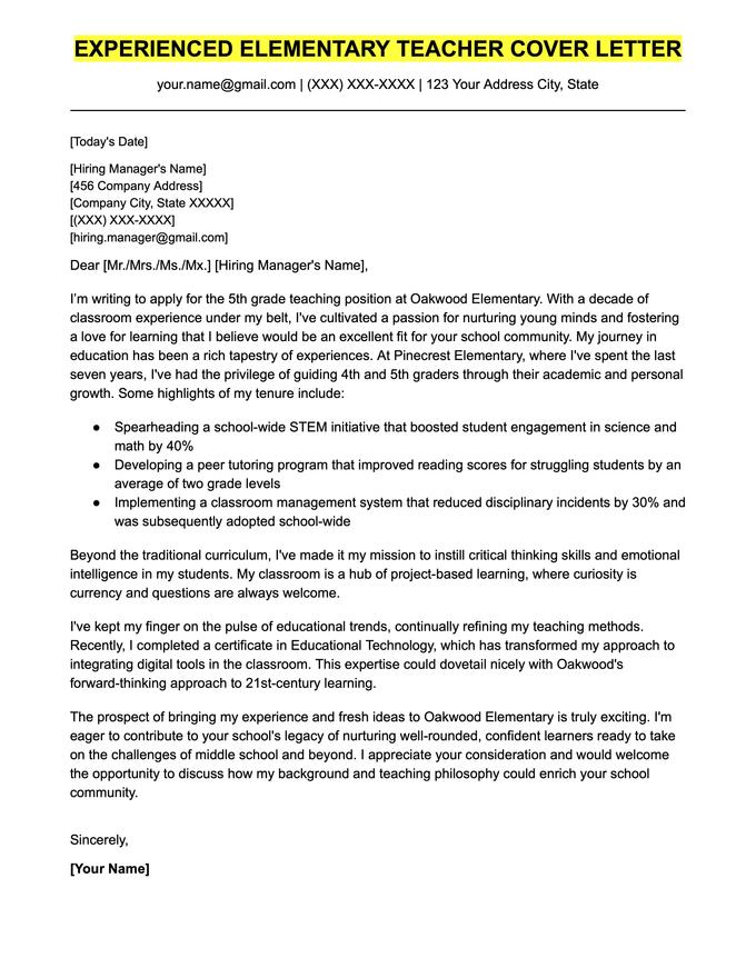 Elementary Teacher Cover Letter Example & Writing Tips
