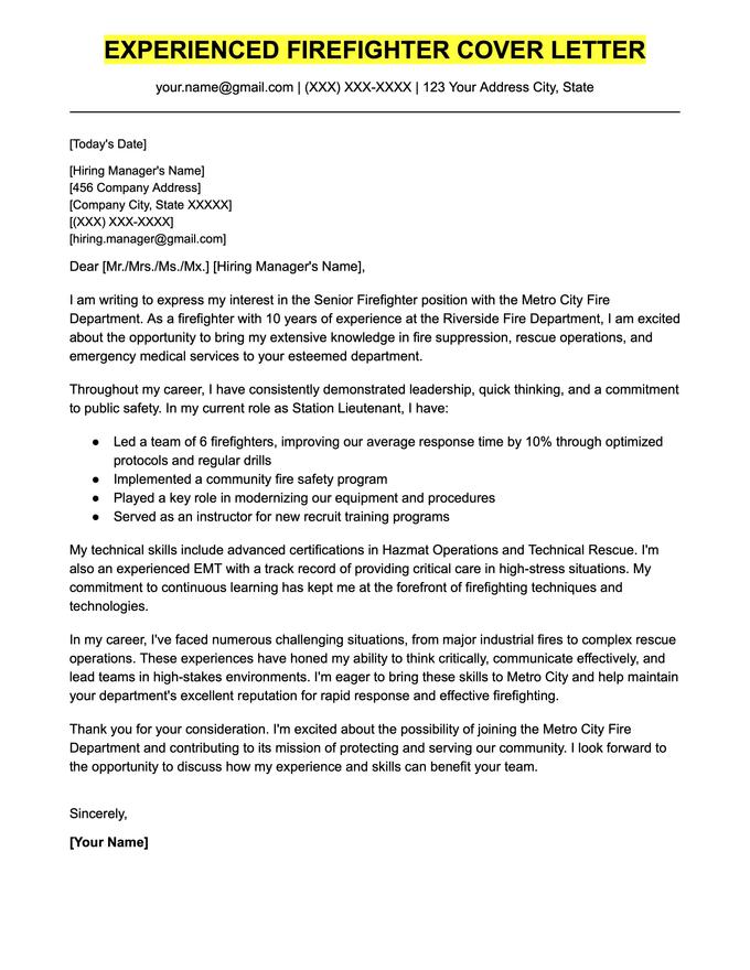 Firefighter Cover Letter Sample | Resume Genius