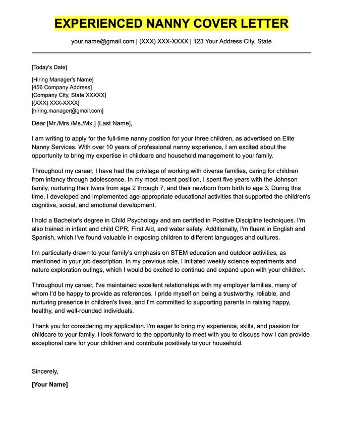 Nanny Cover Letter Sample & Writing Tips | Resume Genius
