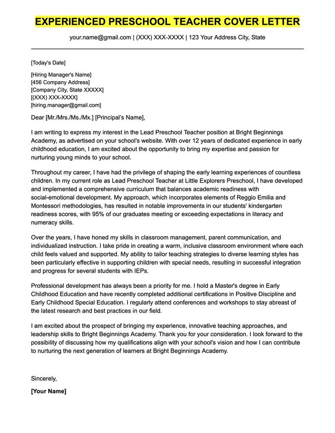 Preschool Teacher Cover Letter Example & Writing Tips | Resume Genius