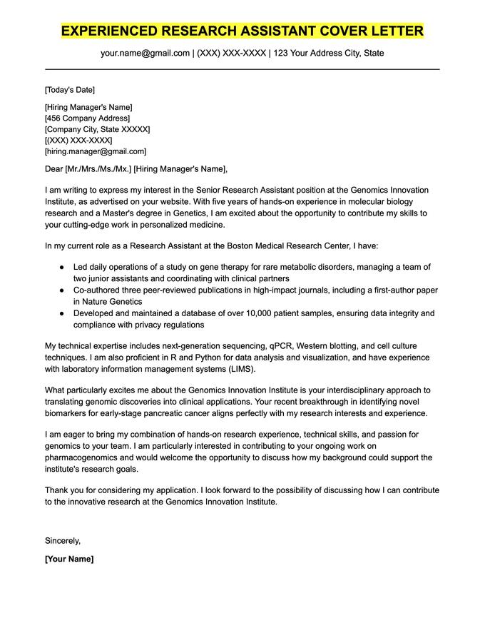 Research Assistant Cover Letter Example & Tips
