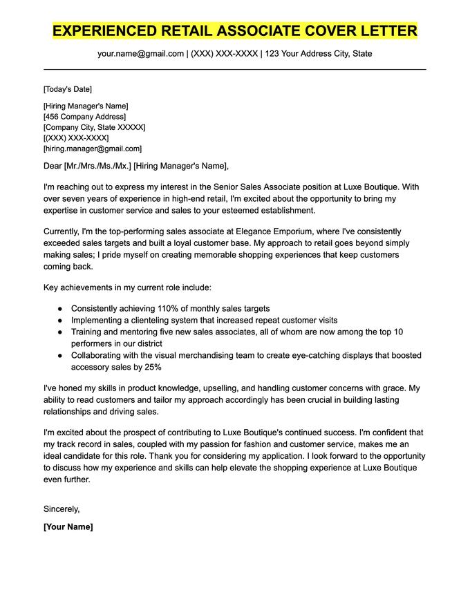 Retail Sales Associate Cover Letter Example & Tips