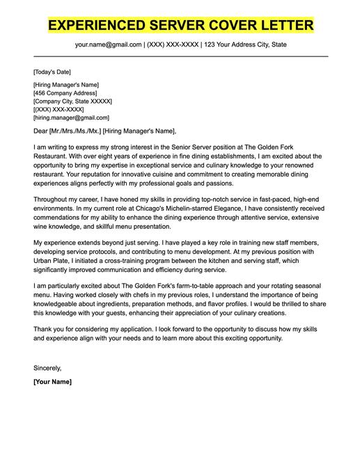 Server Cover Letter Example | Resume Genius