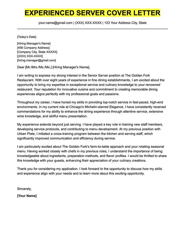 Server Cover Letter Example | Resume Genius