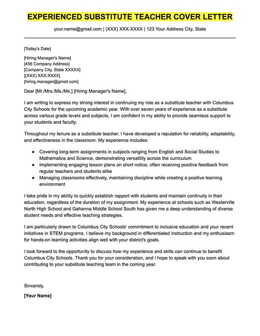 Substitute Teacher Cover Letter Example & Writing Tips