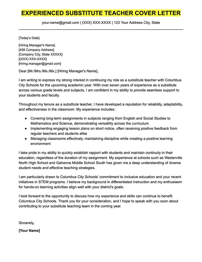 Substitute Teacher Cover Letter Example & Writing Tips