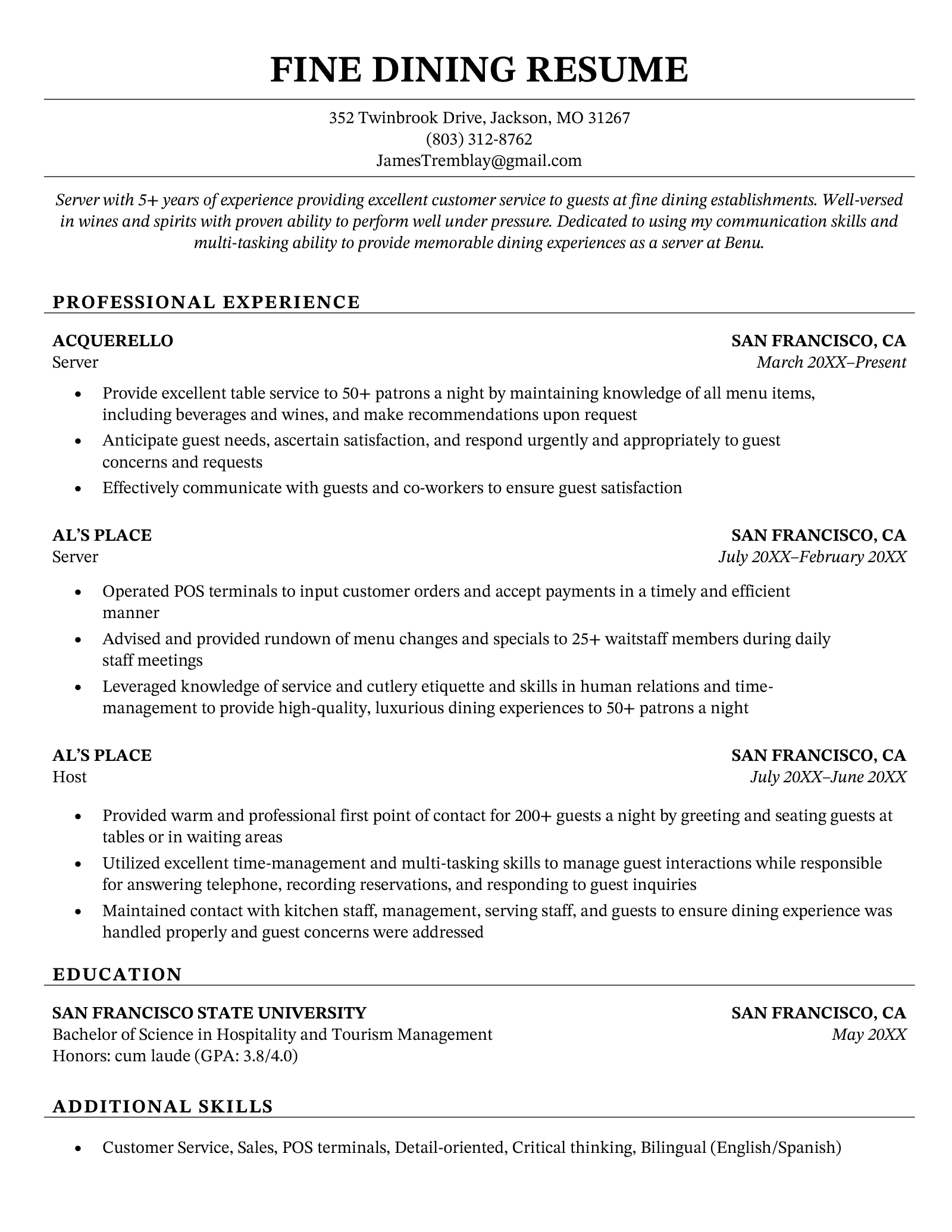 8 Restaurant Resume Examples and Writing Tips