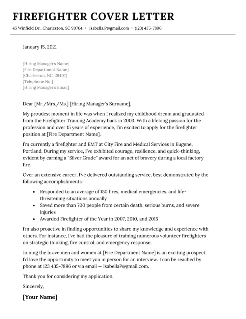 Firefighter Cover Letter Sample | Resume Genius