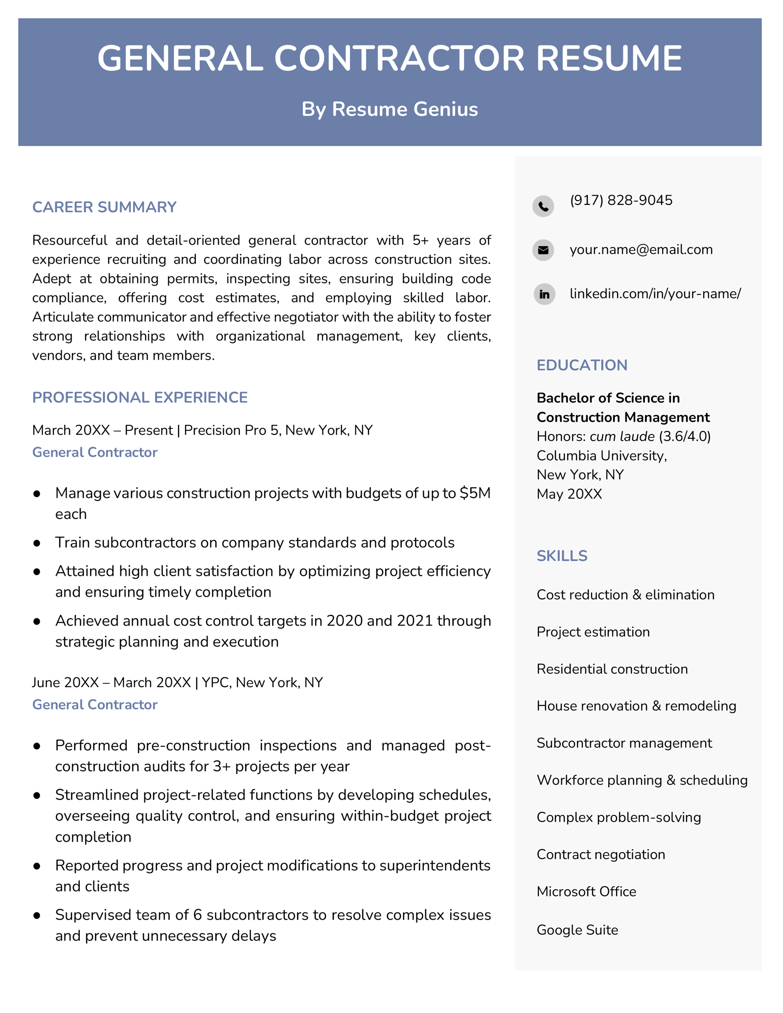 General Contractor Resume Examples & Template for 2025