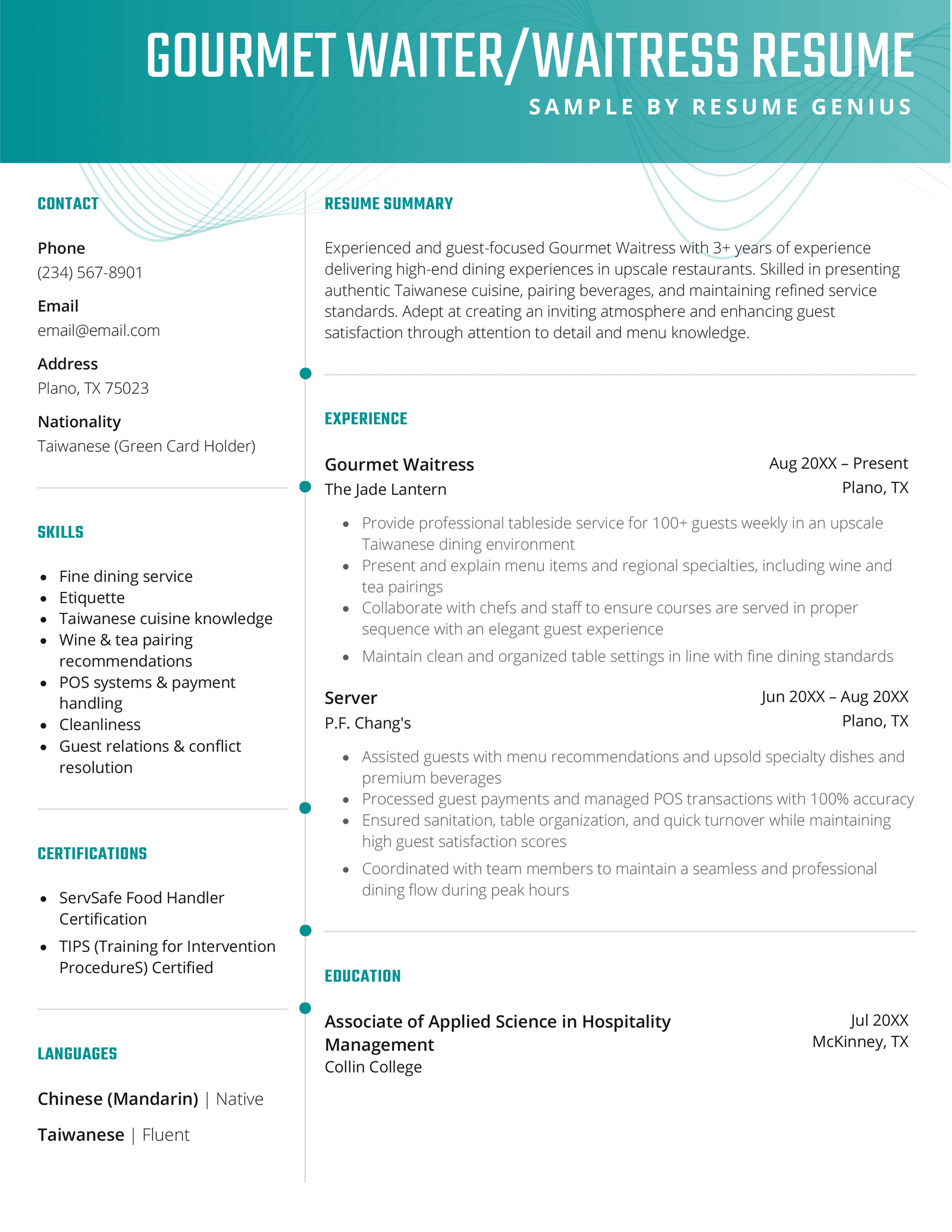 21 Waiter/Waitress Resume Examples (All Major Wait Staff Roles)