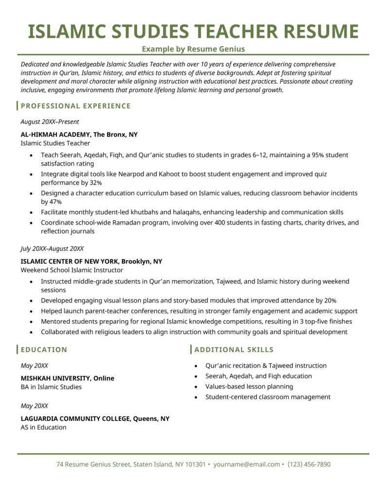 2 Islamic Studies Teacher Resume Examples (Free to Download)