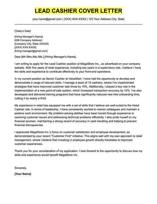 Cashier Cover Letter Example & Writing Tips