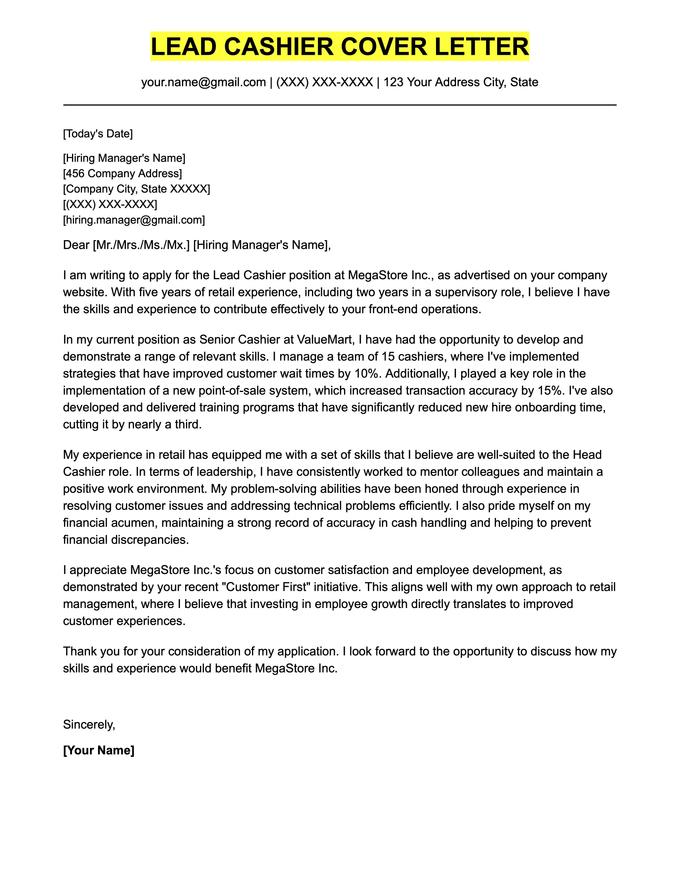 Cashier Cover Letter Example & Writing Tips