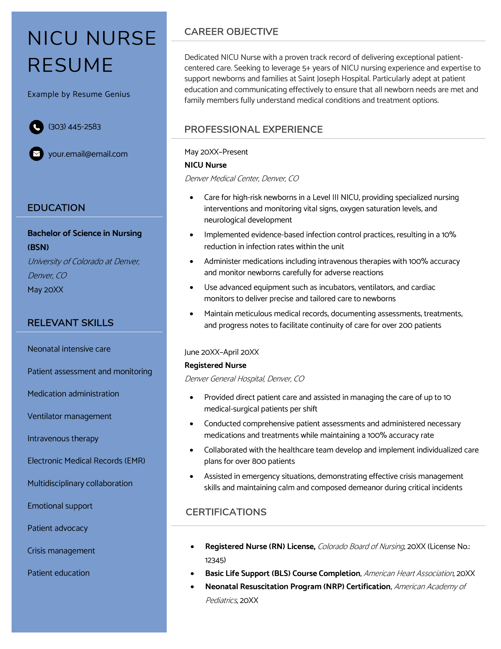 NICU Nurse Resume Example And Skills List