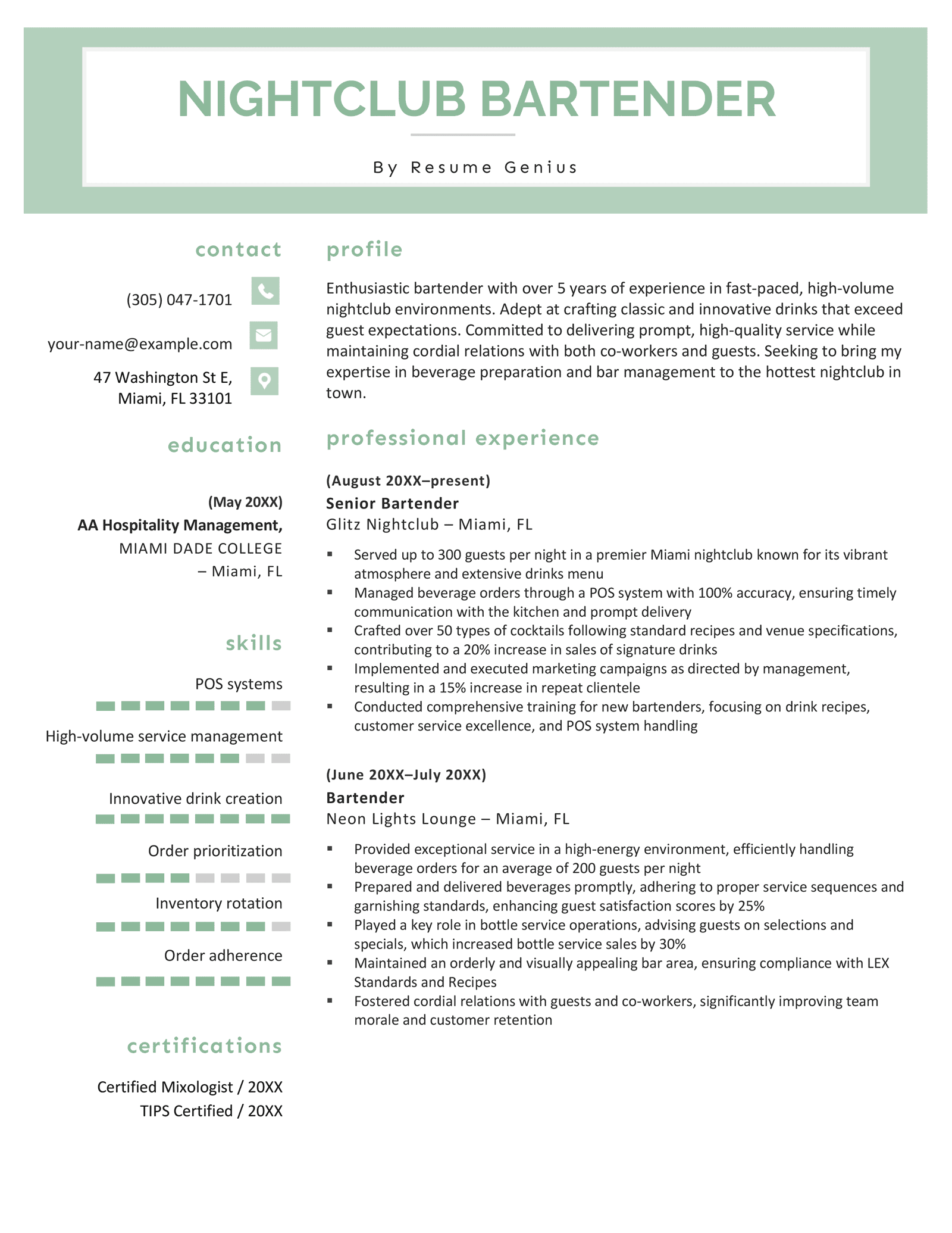 30 Bartender Resume Examples [All Major Bar Jobs & Skill Levels]