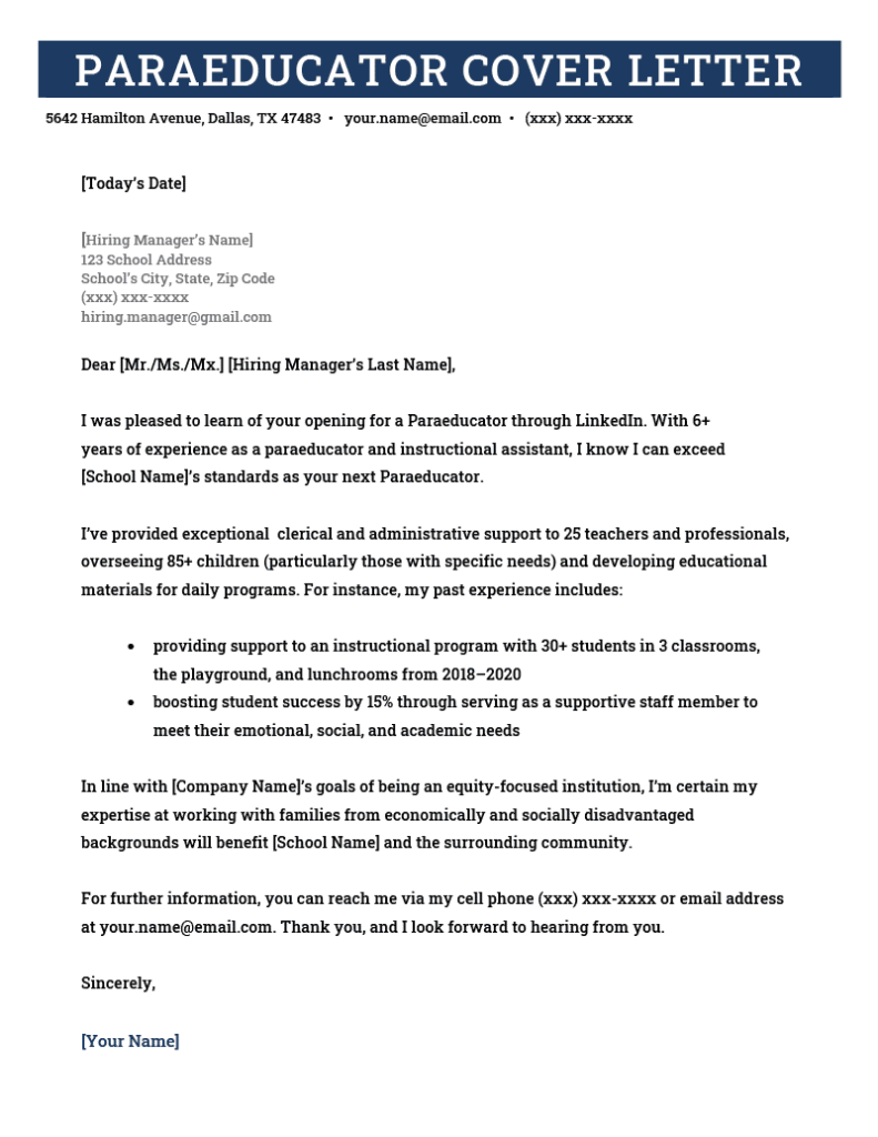 Paraeducator Cover Letter - Example & Tips (Free Download)