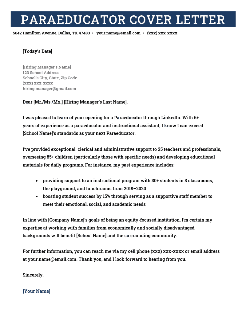 Paraeducator Cover Letter - Example & Tips (Free Download)