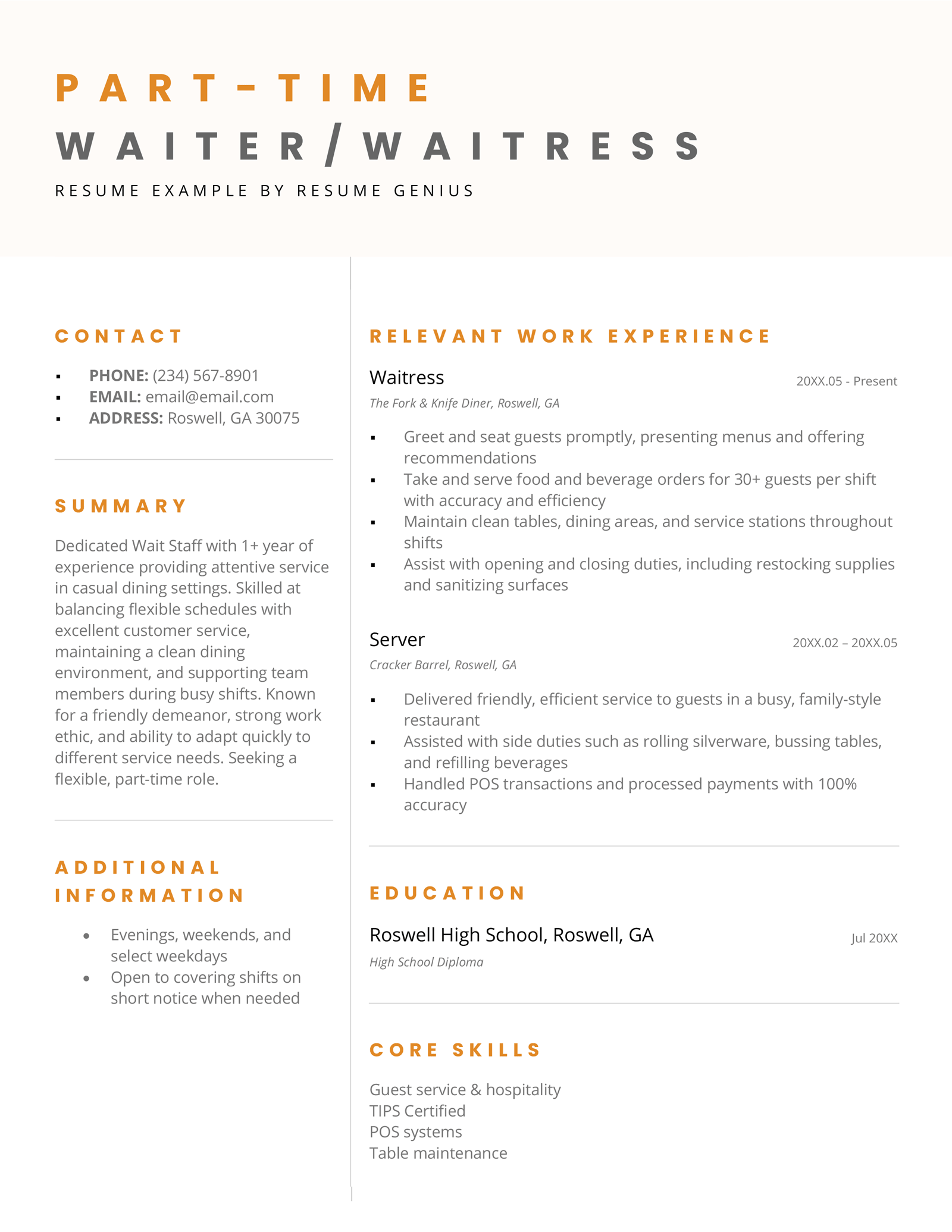 21 Waiter/Waitress Resume Examples (All Major Wait Staff Roles)