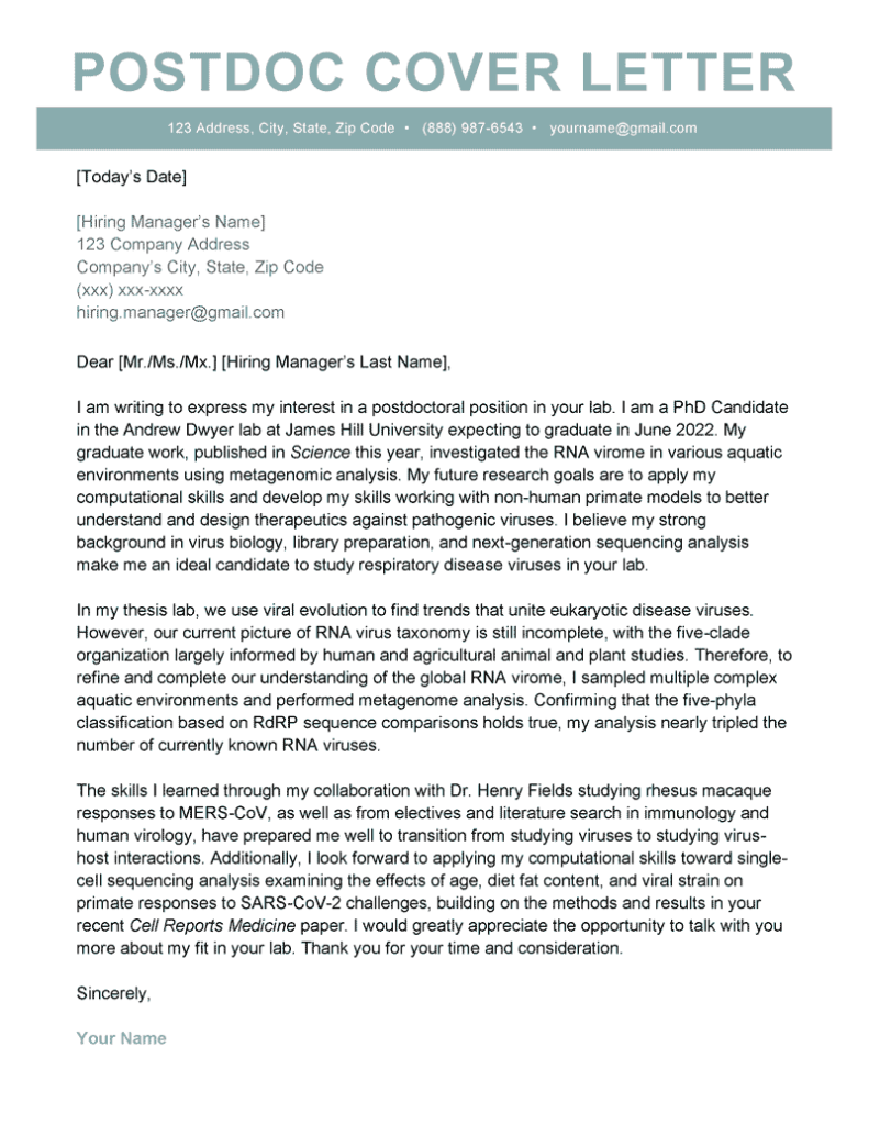 Postdoc Cover Letter Sample Writing Tips