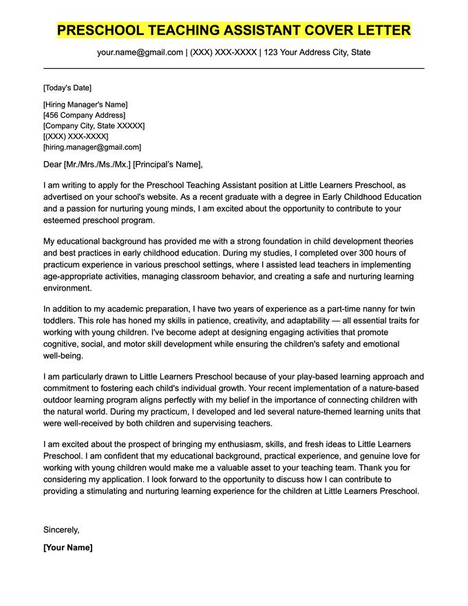 Preschool Teacher Cover Letter Example & Writing Tips | Resume Genius