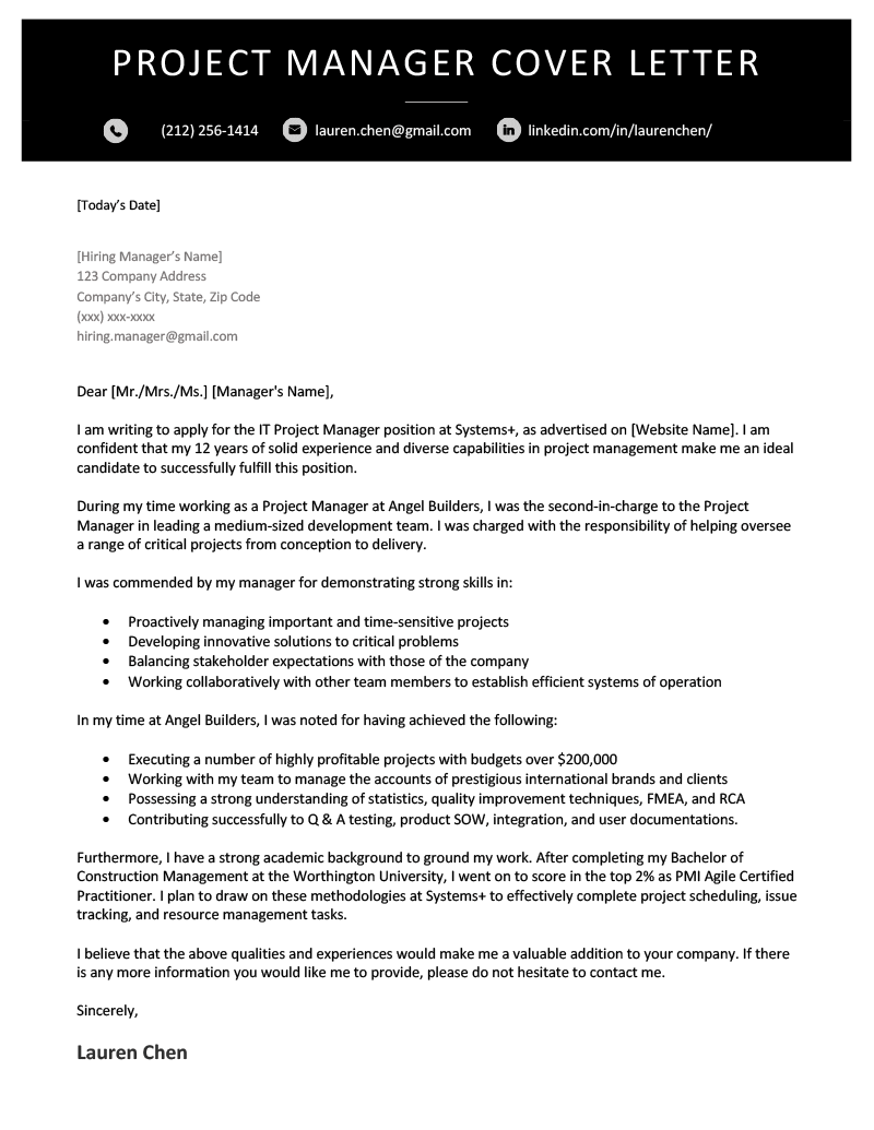 It Project Manager Cover Letter Corinnerobbinsartists
