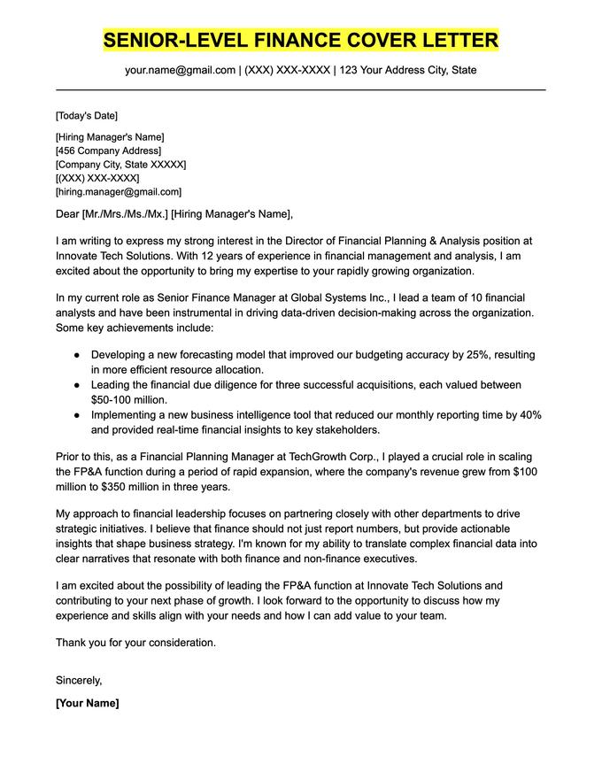 Finance Cover Letter Example & Writing Tips | Resume Genius