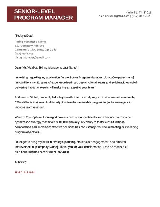 Program Manager Cover Letter | Samples by Resume Genius
