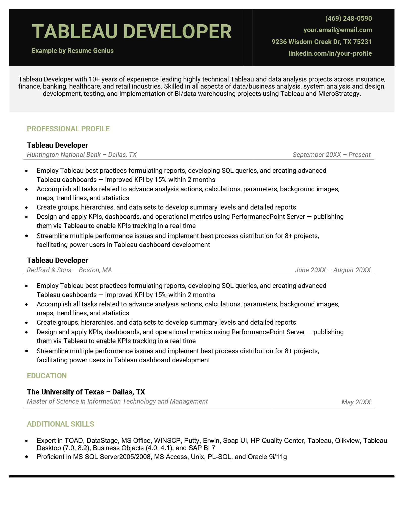 Tableau Developer Resume Examples | Resume Genius