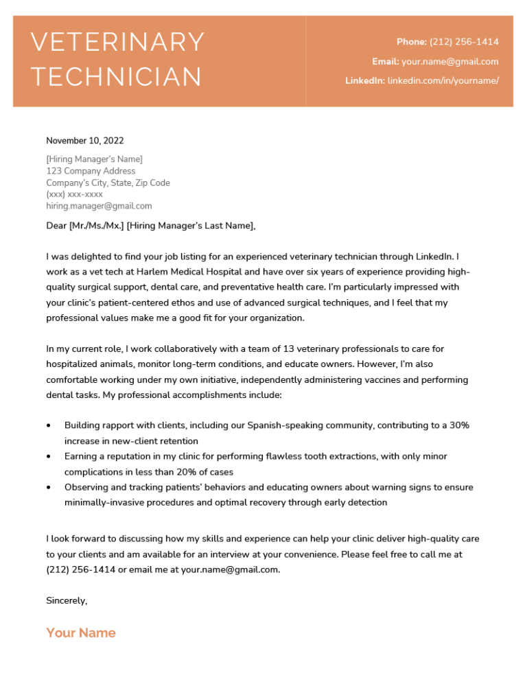 Veterinary Technician Cover Letter Sample & Essential Skills