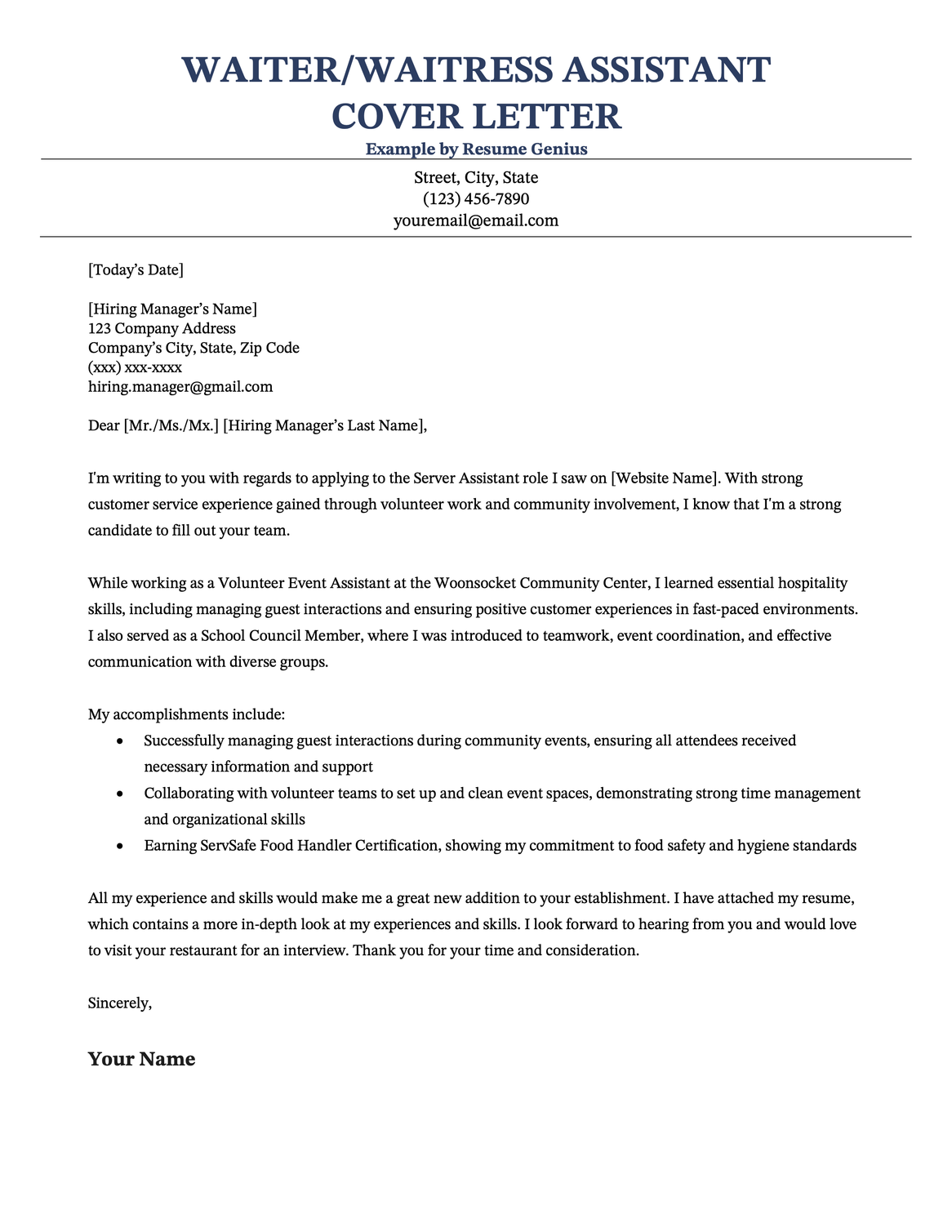 3 Waiter/Waitress Cover Letter Examples & Tips